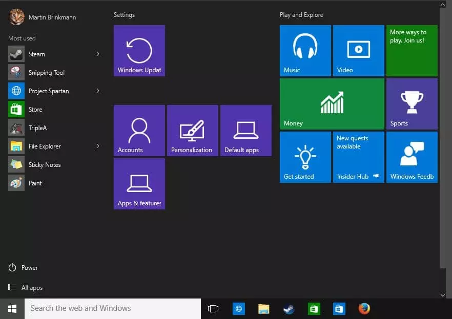 Windows 10 käivitusmenüü pin seaded