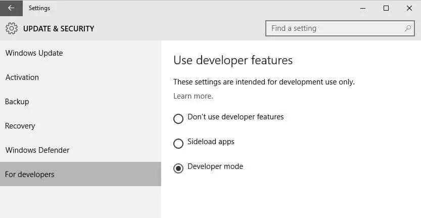 Maitiro ekugonesa Developer Mode mukati Windows 10 to sideload apps