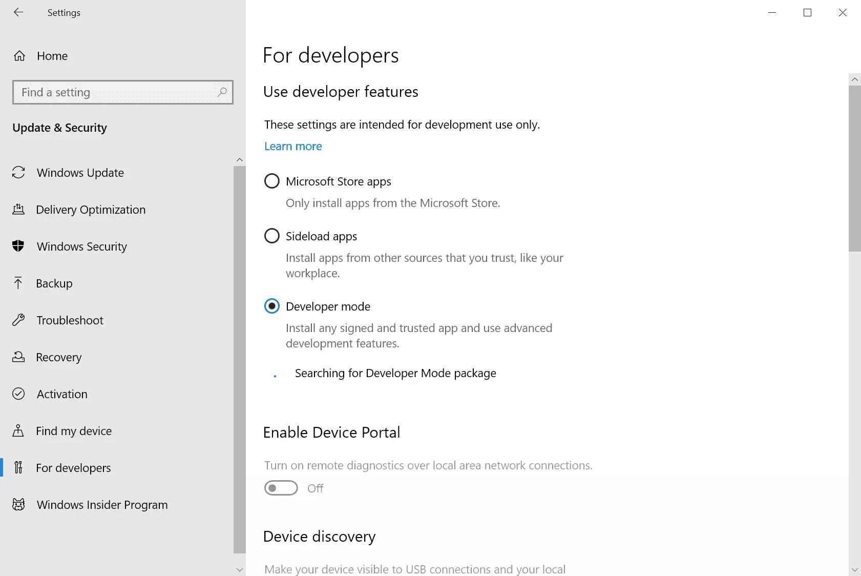 Windows 10 fejlesztői mód
