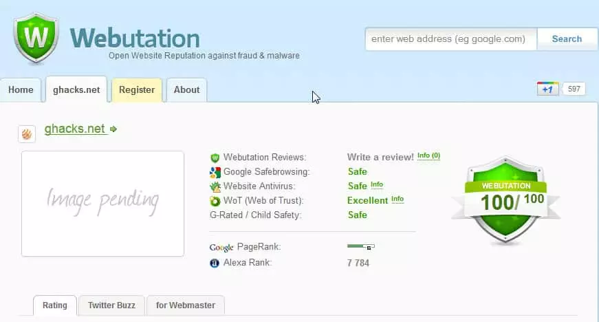 Webutation, informació de reputació del lloc web