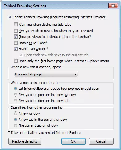 Internet Explorer 9-tabblad-blaai-instellings