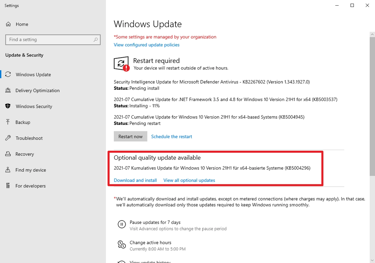 Windows 10 11 Vista previa das actualizacións opcionais