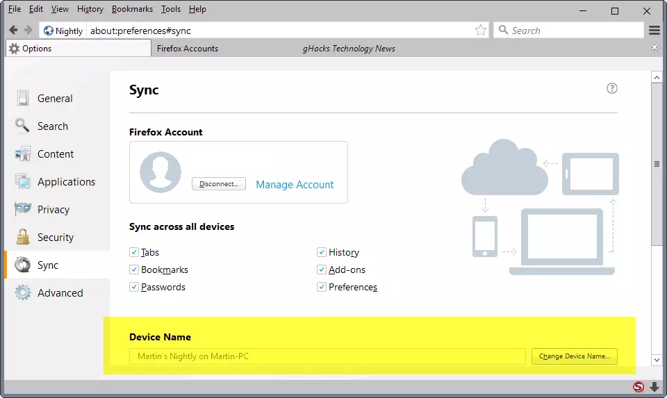 nome do dispositivo de sincronización firefox