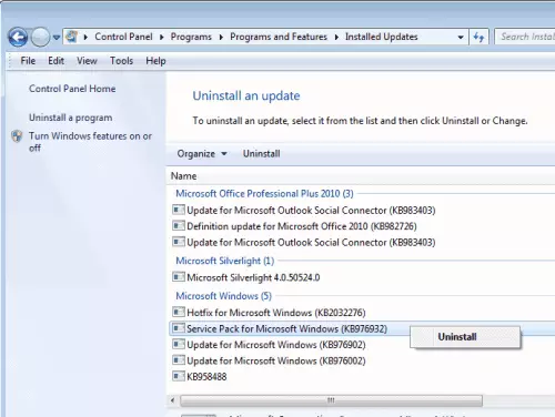 הסר את ההתקנה של Windows 7 Service Pack 1