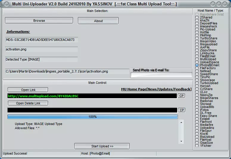 Multi Uni Uploader, nahrávání souborů do hostitelů souborů