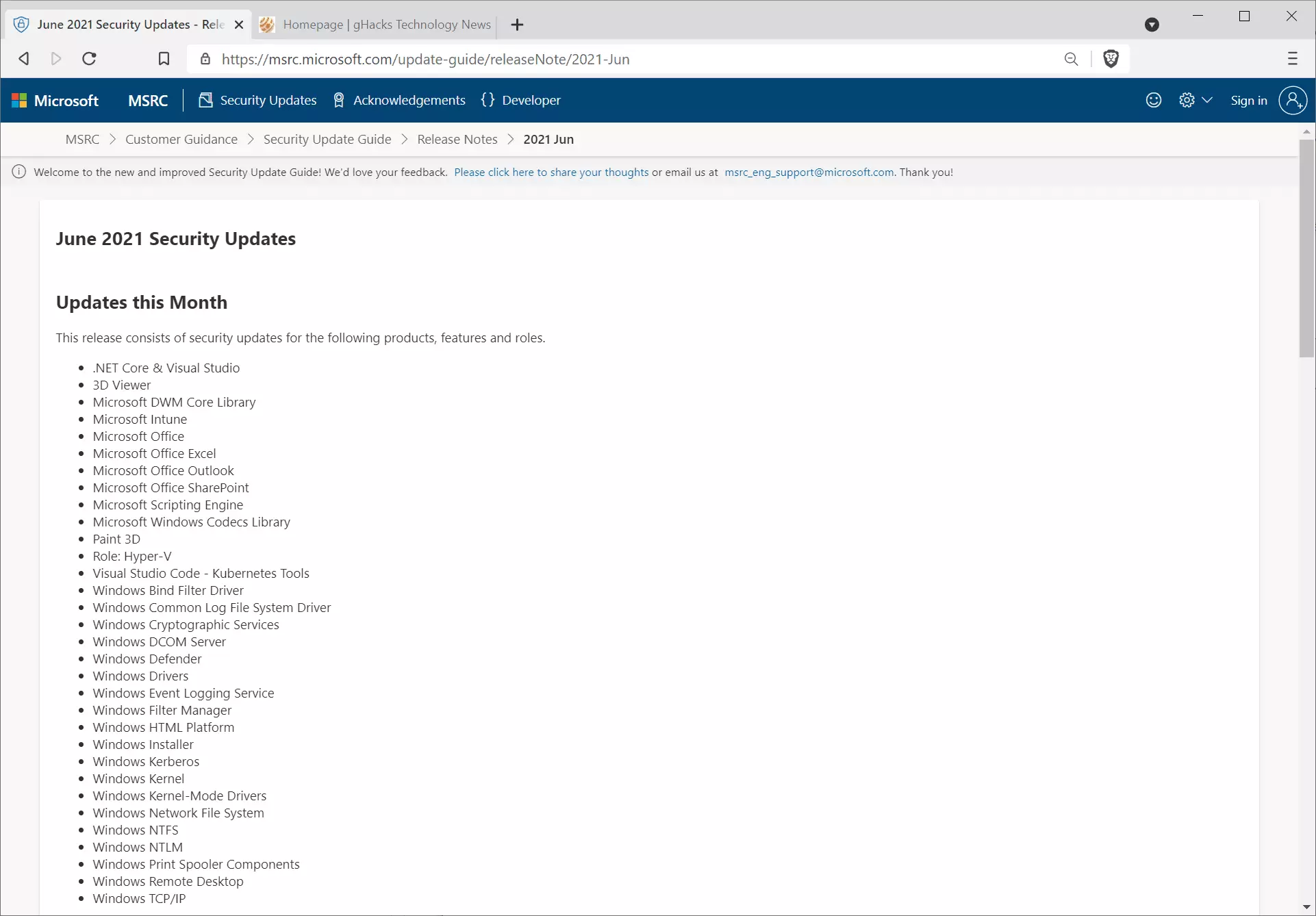 Visión xeral das actualizacións de seguridade de Microsoft Windows de xuño de 2021