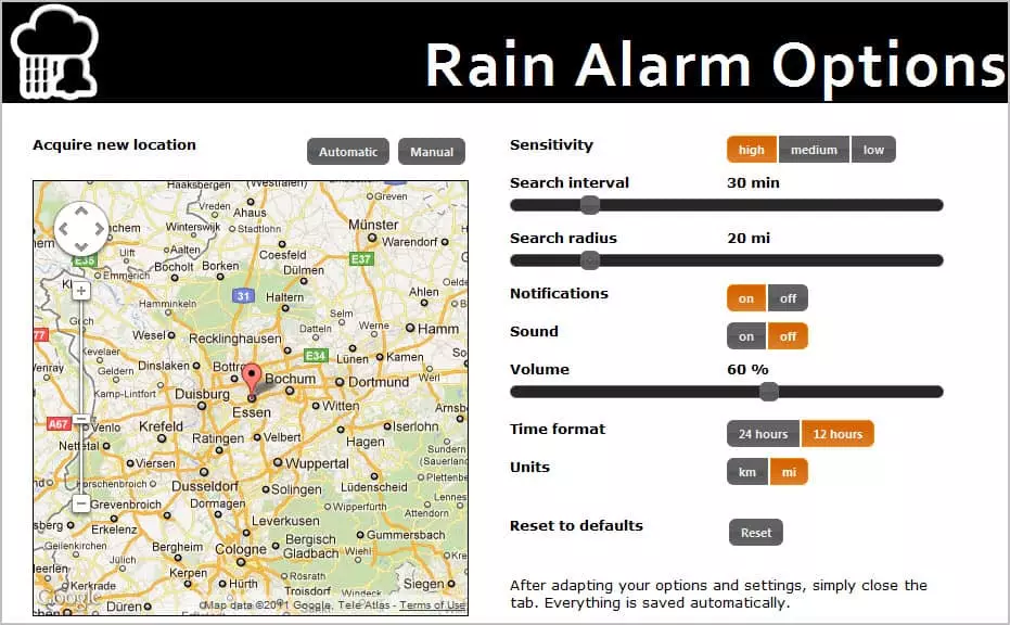 opcije alarma za kišu