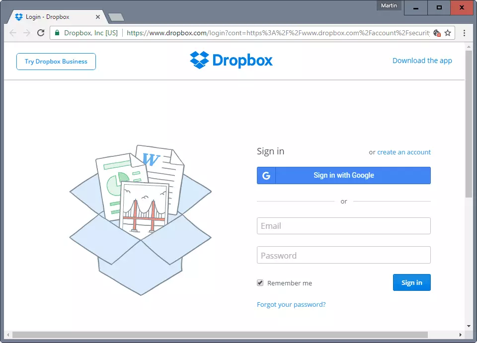 Dropbox: Google менен кириңиз