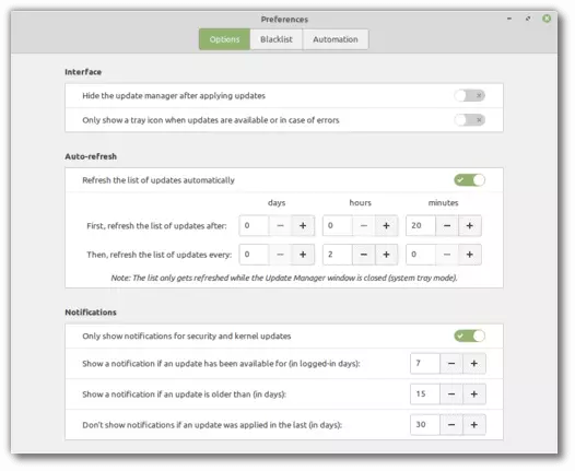 Préférences des notifications de mise à jour de Linux Mint