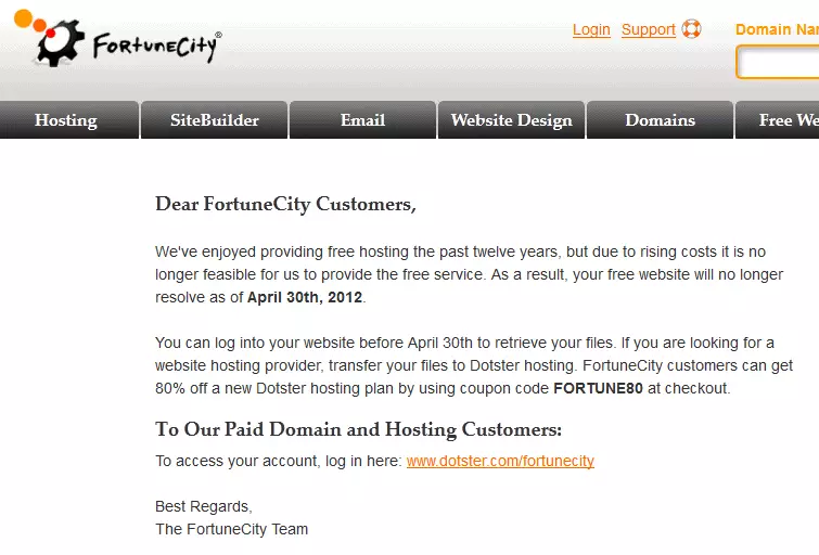 FortuneCity го повлекува приклучокот за бесплатен хостинг
