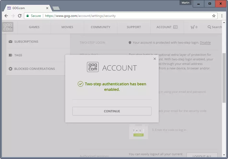 gog tvåstegsautentisering