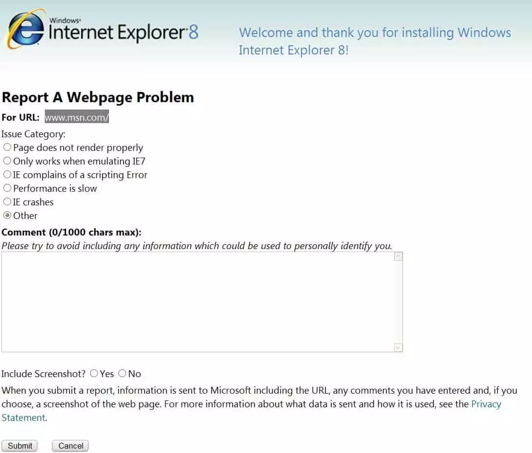 Componente aggiuntivo di Internet Explorer: segnala un problema con una pagina Web