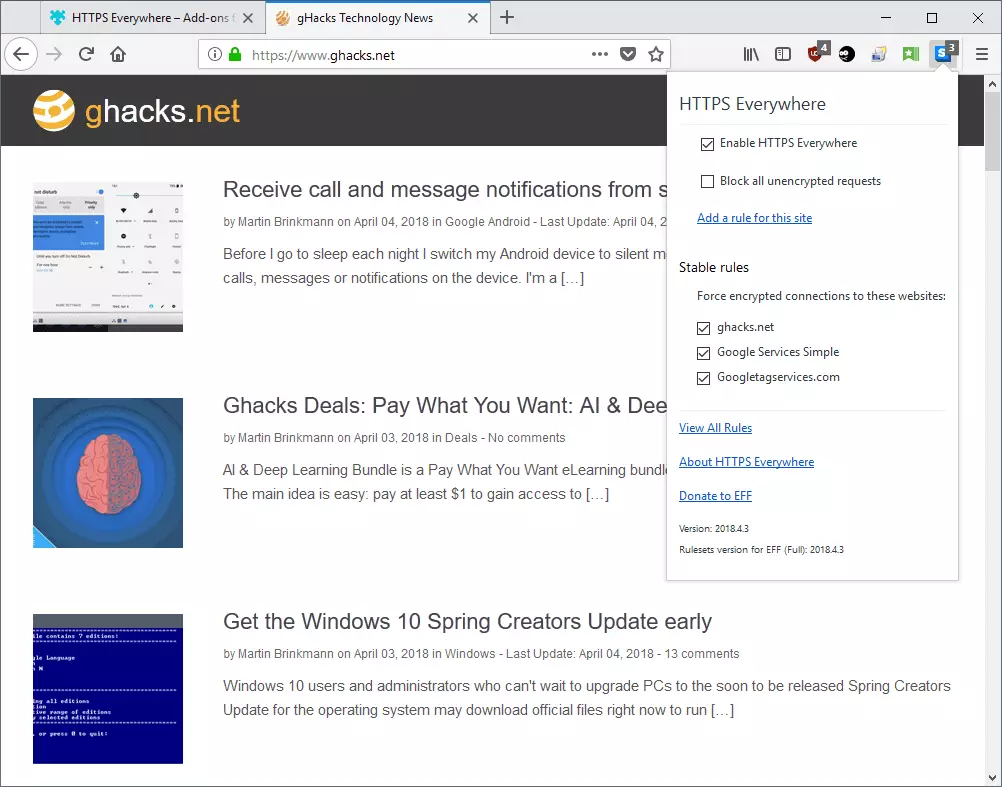 HTTPS Everywhere: actualización del conjunto de reglas sin actualizaciones de extensión