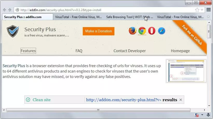 Security Plus kontrollon lidhjet në Firefox në Virustotal pa dalë nga faqja