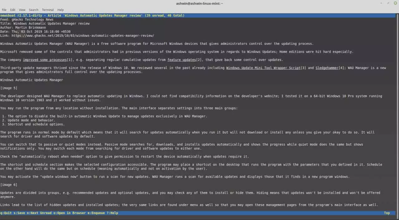 Newsboat - гэта праграма для чытання RSS-каналаў для Linux на аснове каманднага радка