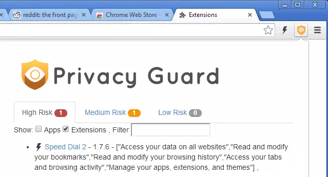 Privacy Guard para Chrome asigna categorías de risco ás extensións e ás aplicacións