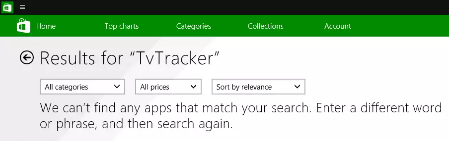 търсенето в магазина на Windows няма резултат
