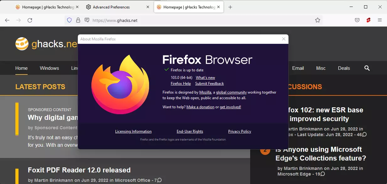 Firefox 103: yakagadziridzwa bhara rekushandisa, kuita uye nezvimwe