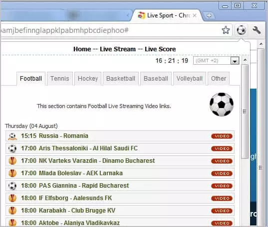 Интерфейс на разширението Chrome Live Sports