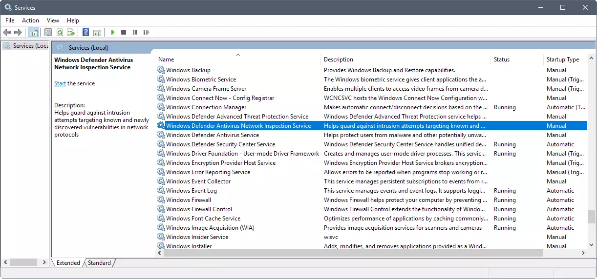 Windows Defender antivirus nettverksinspeksjonstjeneste