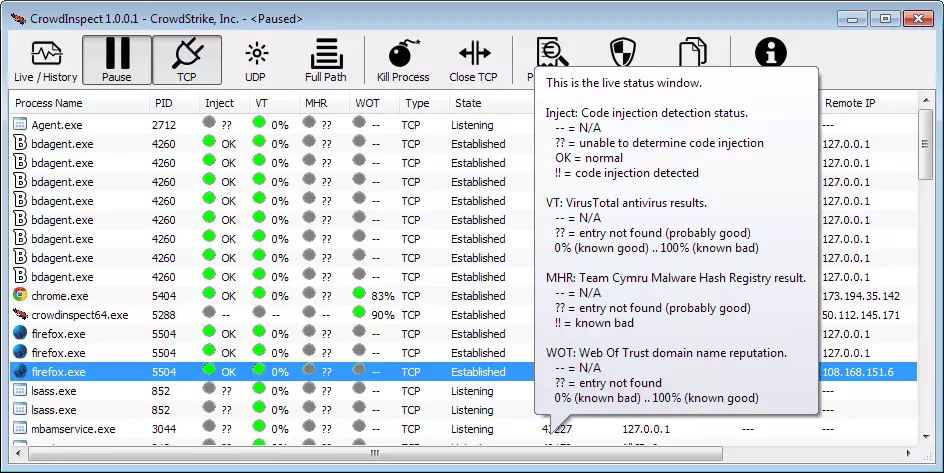 CrowdInspect gee jou lopende prosesse 'n deeglike malware-inspeksie