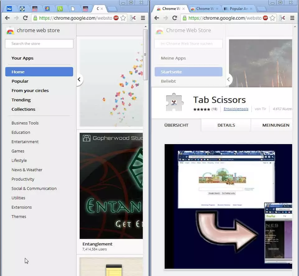 Beulah Google Chrome jadi dua jandéla jeung Tab Gunting