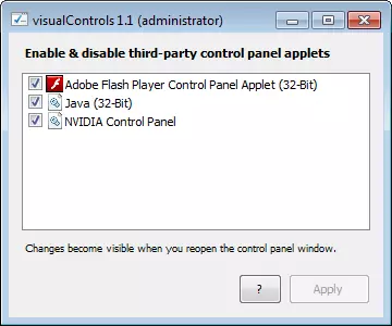 Визуелне контроле су ажуриране, уклоните Апплете са контролне табле треће стране