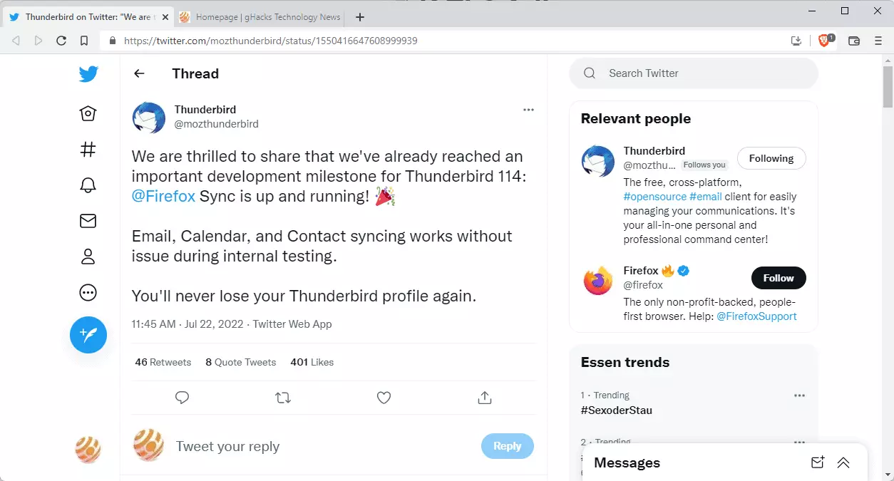 De volgende mijlpaalrelease van Thunderbird ondersteunt Firefox Sync