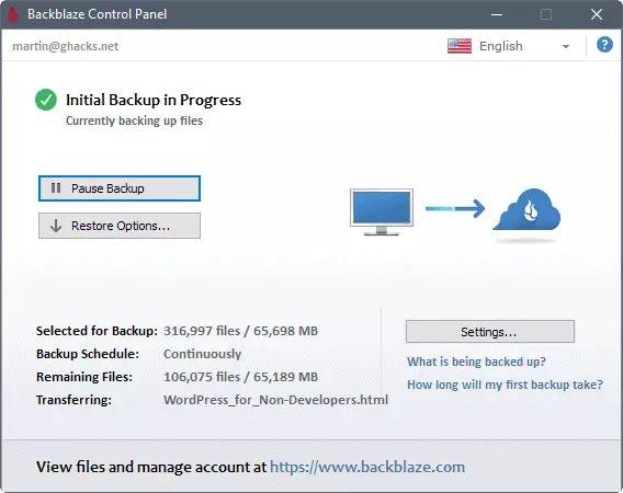 interface de copia de seguridade persoal de backblaze windows