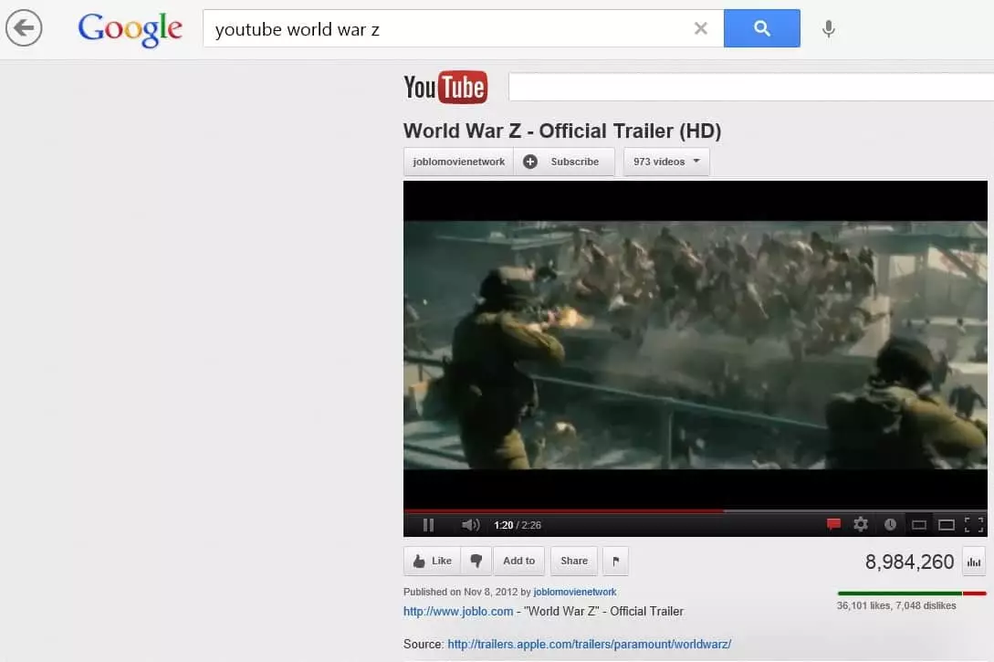 Pulogalamu ya Google Search ya Windows 8 imabweretsa chithandizo cha YouTube
