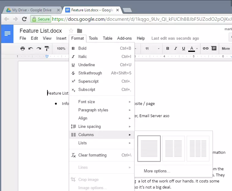 google docs kolommen