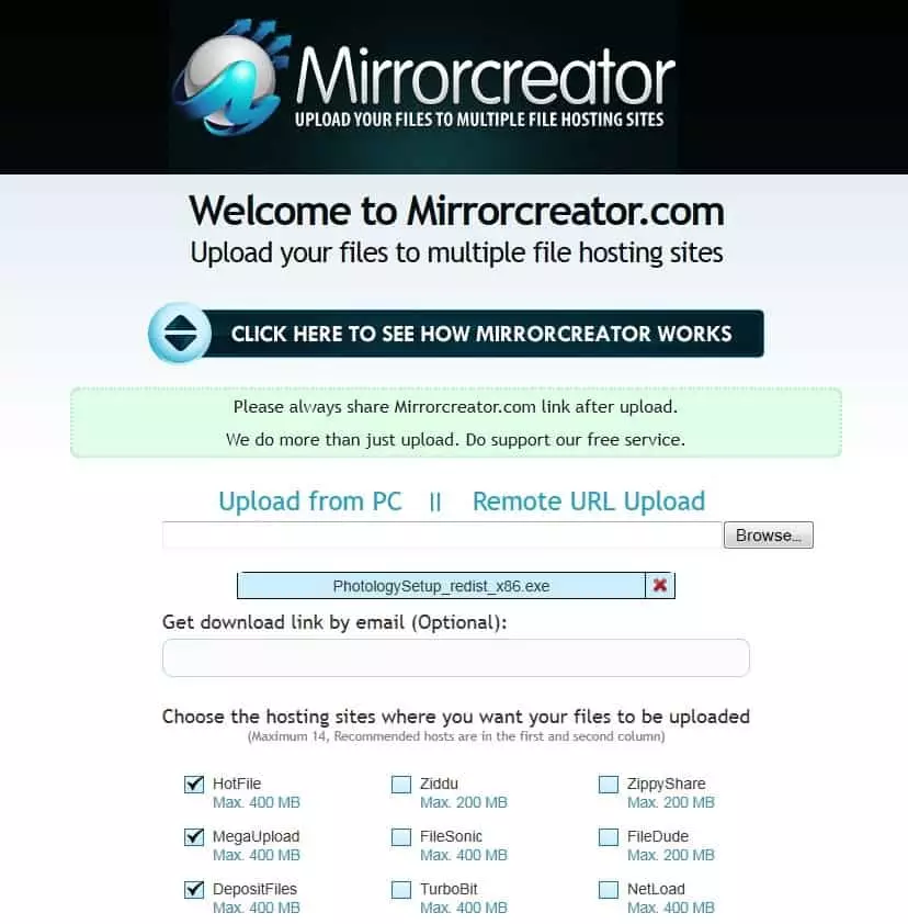 MirrorCreator, Laden Sie lokale oder entfernte Dateien auf mehrere Datei-Hoster hoch