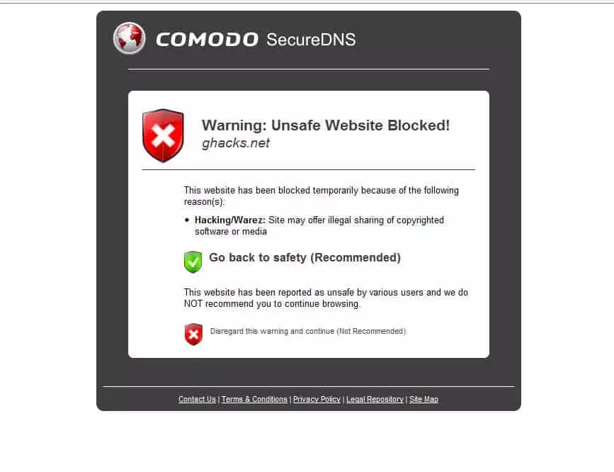 Comodo DNS Ghacks bloklayır