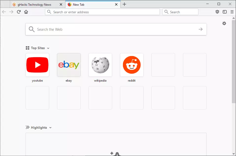 Firefox-ის ახალი ჩანართის გვერდი