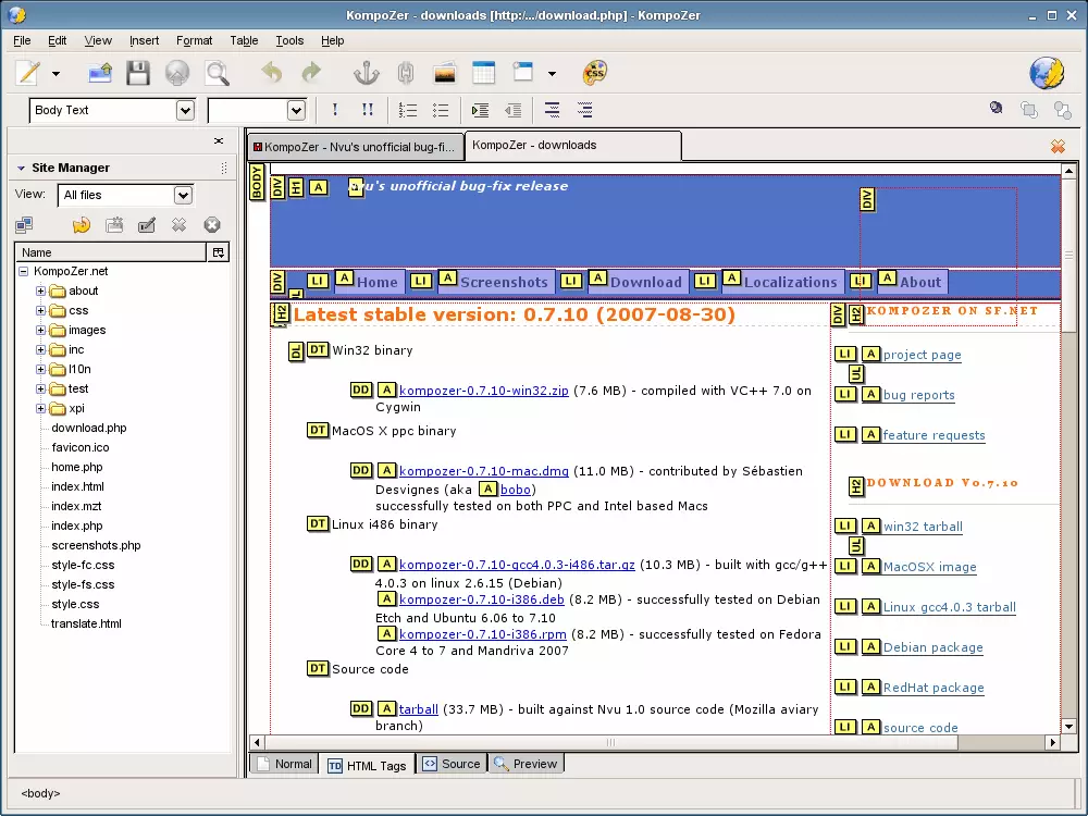 KompoZer, bezmaksas, atvērtā koda un daļēji pienācīgs WYSIWYG tīmekļa redaktors