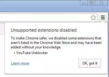 Nieobsługiwane rozszerzenia Chrome są wyłączone