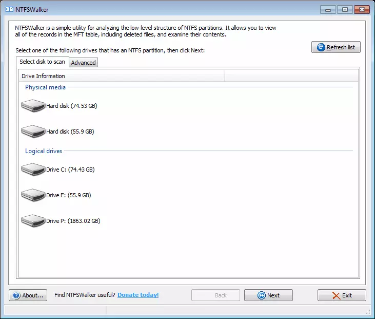 NTFSWalker, अन्वेषण गर्नुहोस् र NTFS विभाजनहरूमा डाटा रिकभर गर्नुहोस्
