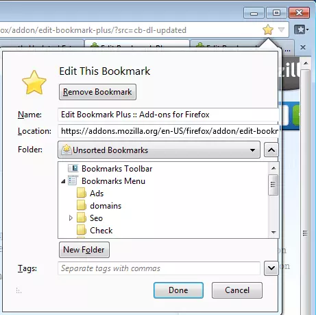 تحرير Bookmark Plus ، يجعل وضع العلامات المرجعية أكثر راحة في Firefox