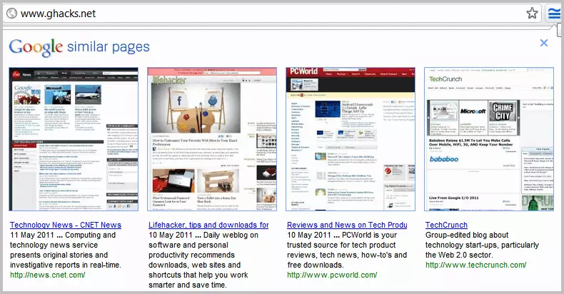 Google Similar Pages-uitbreiding vir Chrome