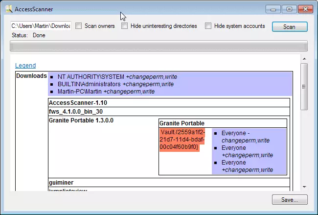 AccessScanner yana nuna duk wasu izini na musamman na bishiyar shugabanci na Windows