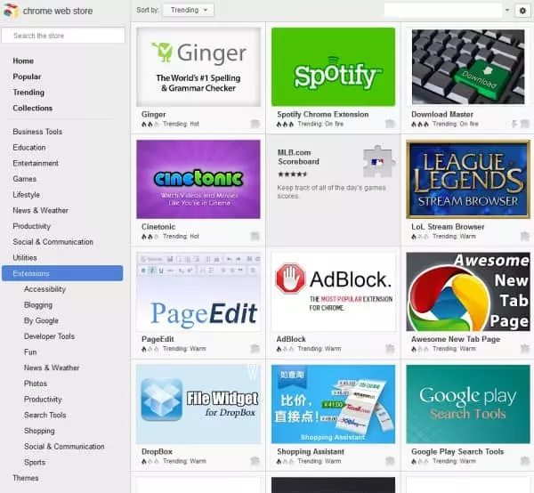 Chrome Web Store yn Tueddu, Hidlau All-lein