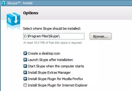 opcions d'instal·lació de Skype
