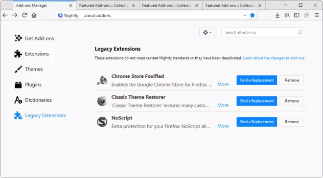 Рекомендации по устаревшим дополнениям Firefox