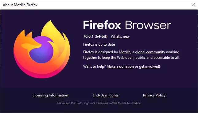 Upplýsingar um útgáfu Mozilla Firefox 70.0.1 8188_1