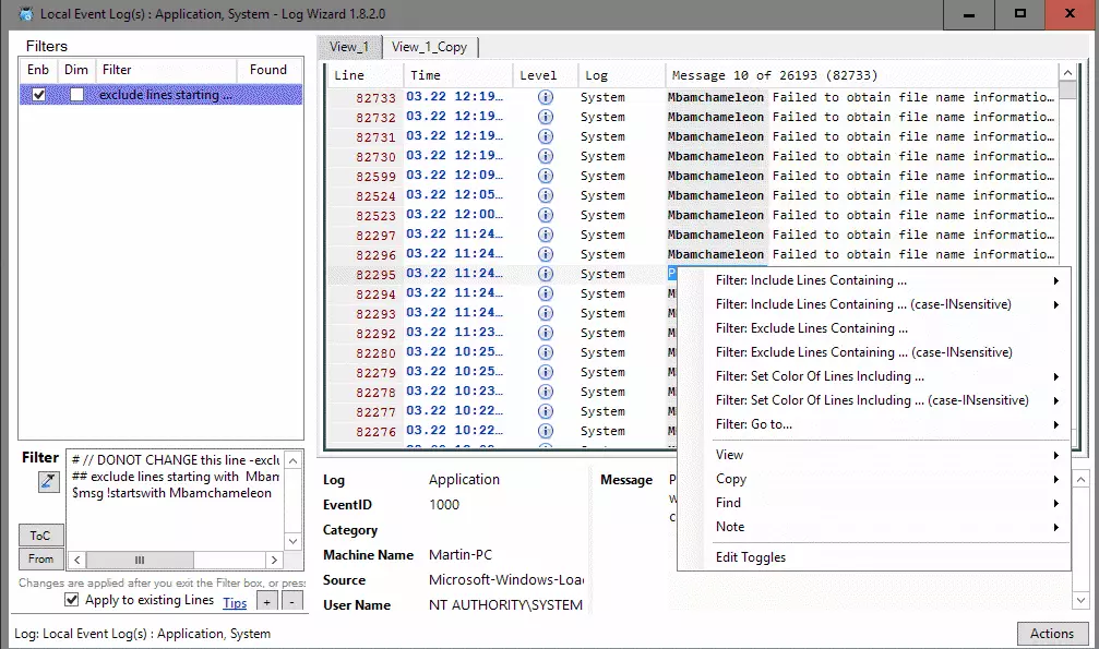 li-filters tsa logwizard