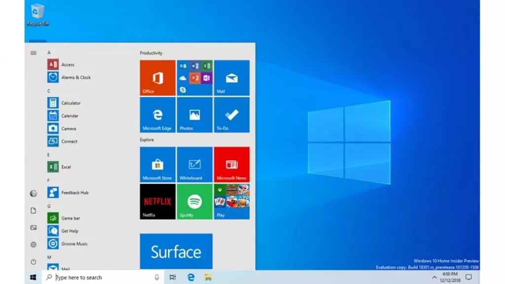 Windows 10 boshlash menyusi 19h1