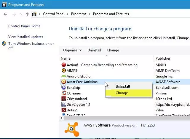 programet e ndryshimit avast