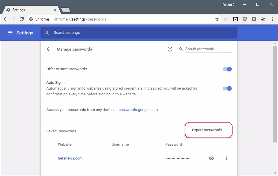 password di esportazione di Chrome