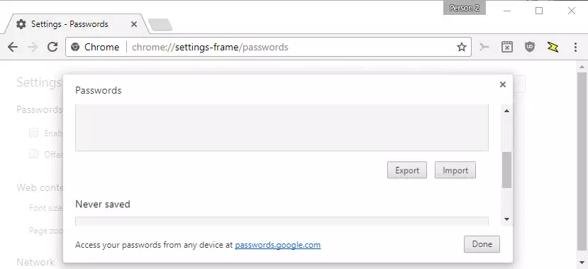 importazione delle password di esportazione di Chrome