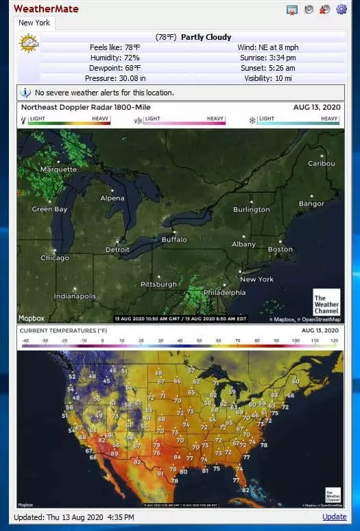 WeatherMate는 악천후 경보 레이더 이미지와 미국 레이더를 보여줍니다.